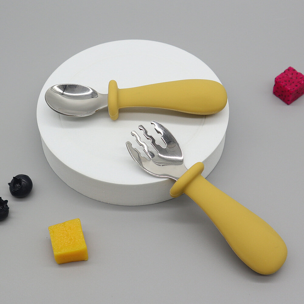 Детская вилка и ложка для обучения еде, длинная ручка, однотонная ложка для детского питания, набор вилок и ложек из нержавеющей стали 316
