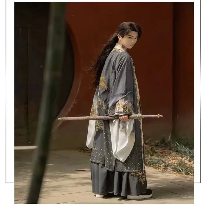 Мужской ханьфу, полиэстер, градиентный принт M 47.5-55kg, gray full set