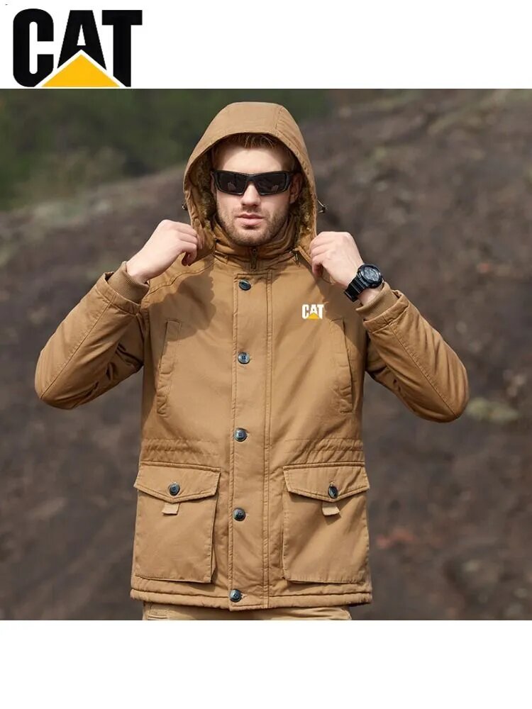 Пуховик Caterpillar Мужская утепленная куртка-пуховик с капюшоном, Зимняя ветрозащитная одежда, Стиль cargo. Утепленная рабочая куртка-Для мороза и снега