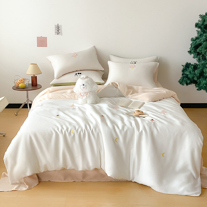 Лето ins Свежий Тисс Четыре комплекта Симпатичные Вышивка Одеяло Девушка Холодное сердце розовая елка_Набор простыней