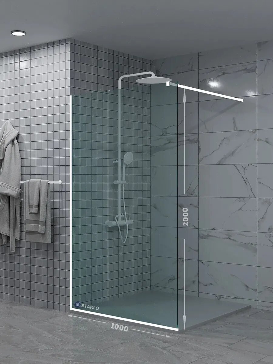 Перегородка душевая 100х200, прозрачное стекло