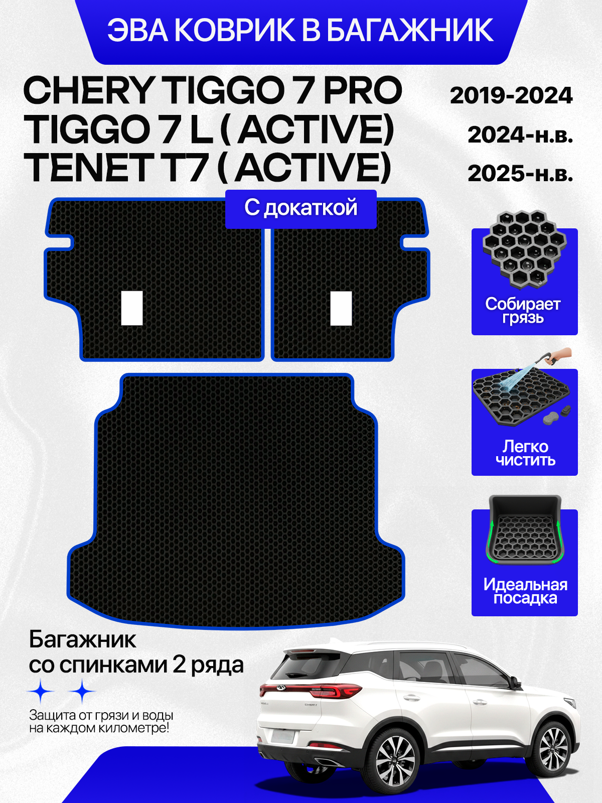 Эва коврик в багажник и на спинки сидений 2ого ряда для Chery Tiggo 7 Pro 2019-2024, Cherry Tigo 7L 2024-н. в. (комплектация Active), Tenet T7 2025-н. в. (комплектация Active) с докаткой, черный с синим кантом(Чери Тигго 7 Про, 7 л (Актив), Тенет Т7)