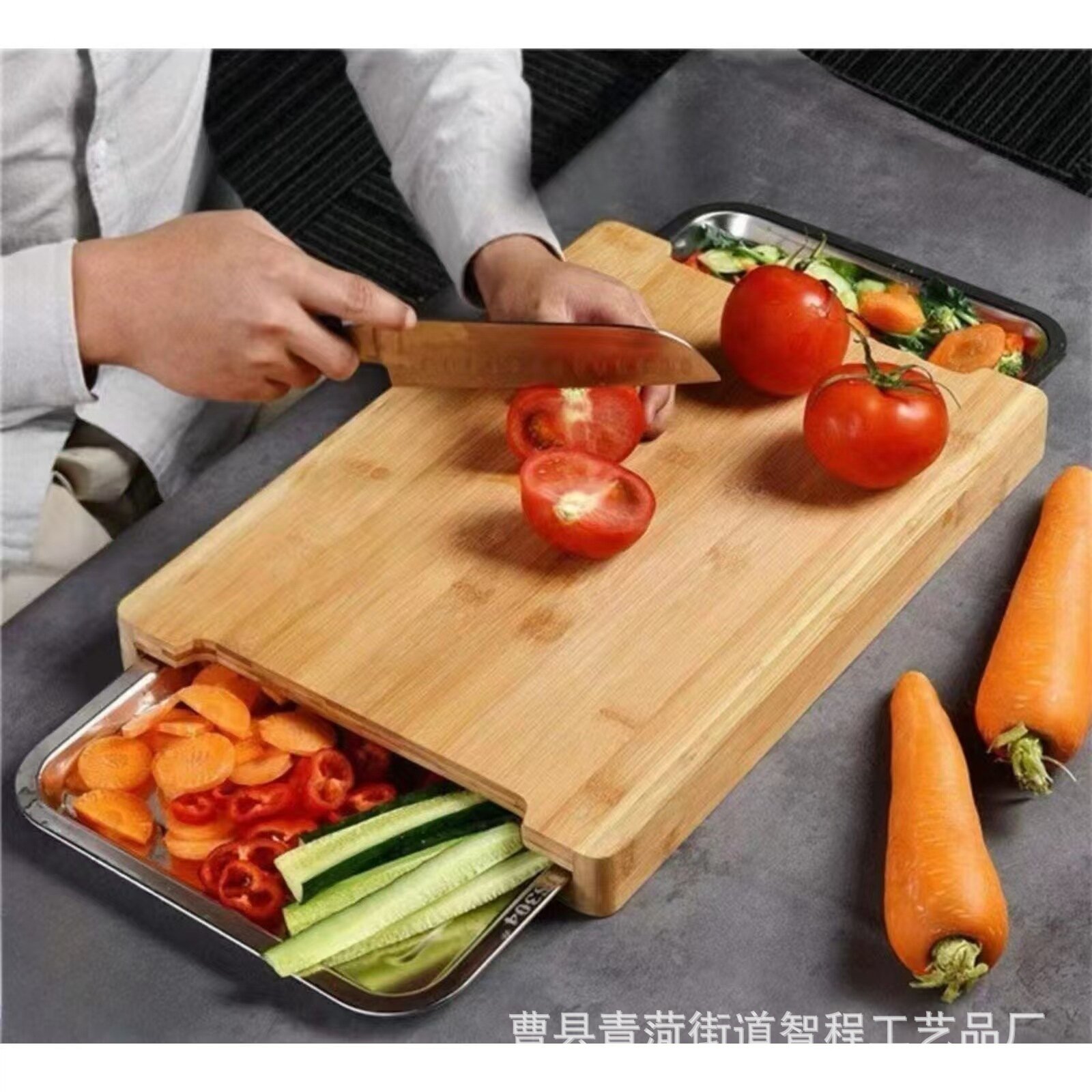 Деревянная выдвижная разделочная доска для кухни с поддоном из нержавеющей стали, разделочная доска для овощей и фруктов, разделочная доска для стейков в западном стиле