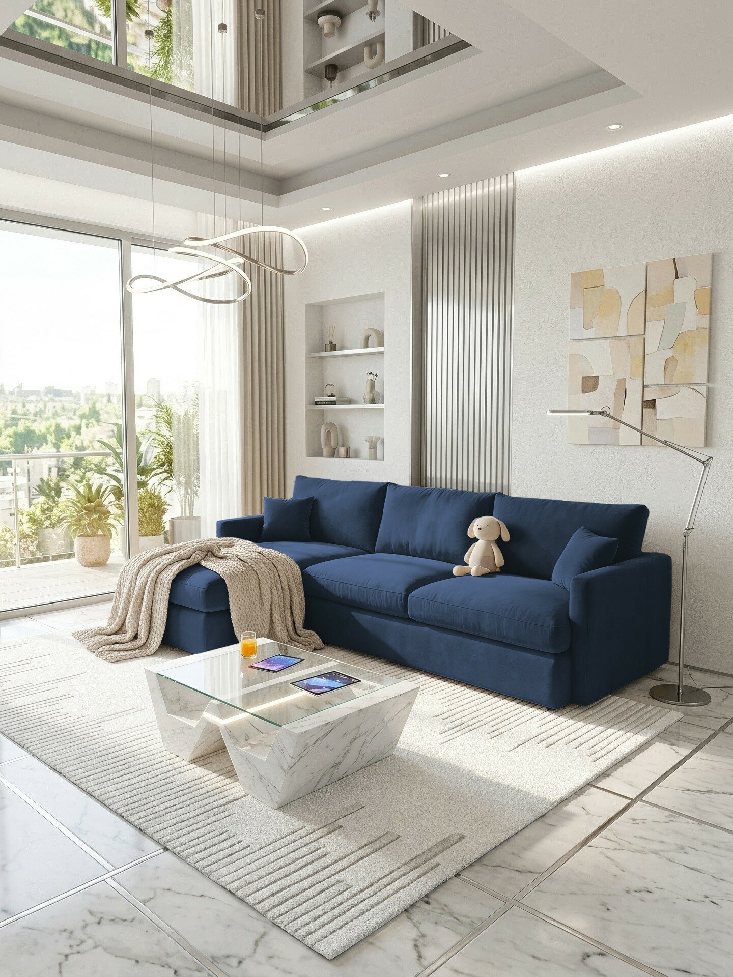 Диван с оттоманкой Стелф Velutto 54 NOW 215x153x90 см, синий Велютто, еврокнижка Фиеста