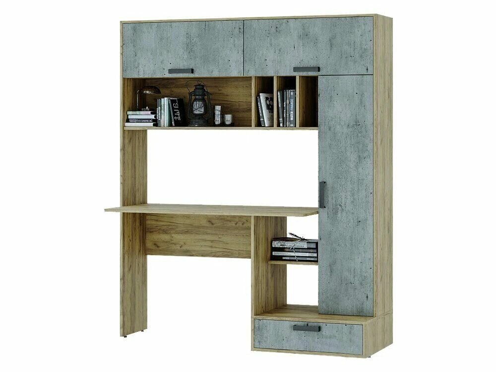 Стол письменный «Техно» с пеналом и надстройкой, крафт/бетон (1500х573х1796)