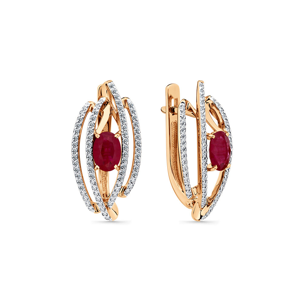 Серьги, красное золото, 585 проба, бриллиант, рубин