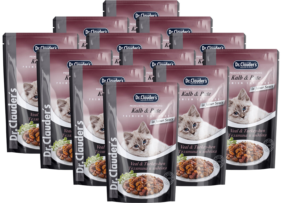 DR. CLAUDER’S для взрослых кошек с телятиной и индейкой в соусе пауч 85 гр х 12 шт
