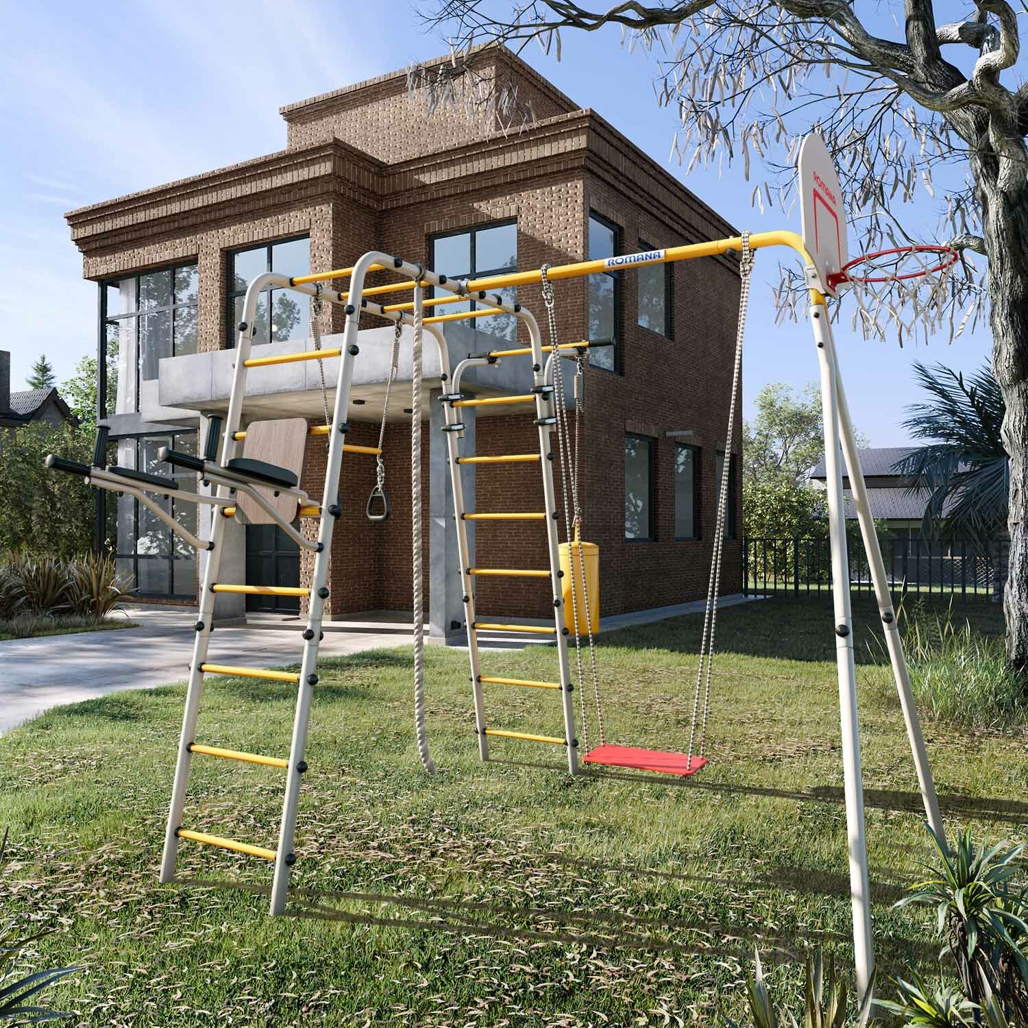 Спортивно-игровой комплекс ROMANA Fitness 103.20.05-01 Фитнесс серый/желтый + Качели фанерные