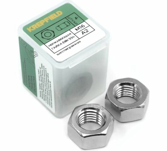 Гайка KREPFIELD нержавеющая, М16, DIN 934, А2, шестигранная, 4 шт. 934А2ГАЙКАМ16-4