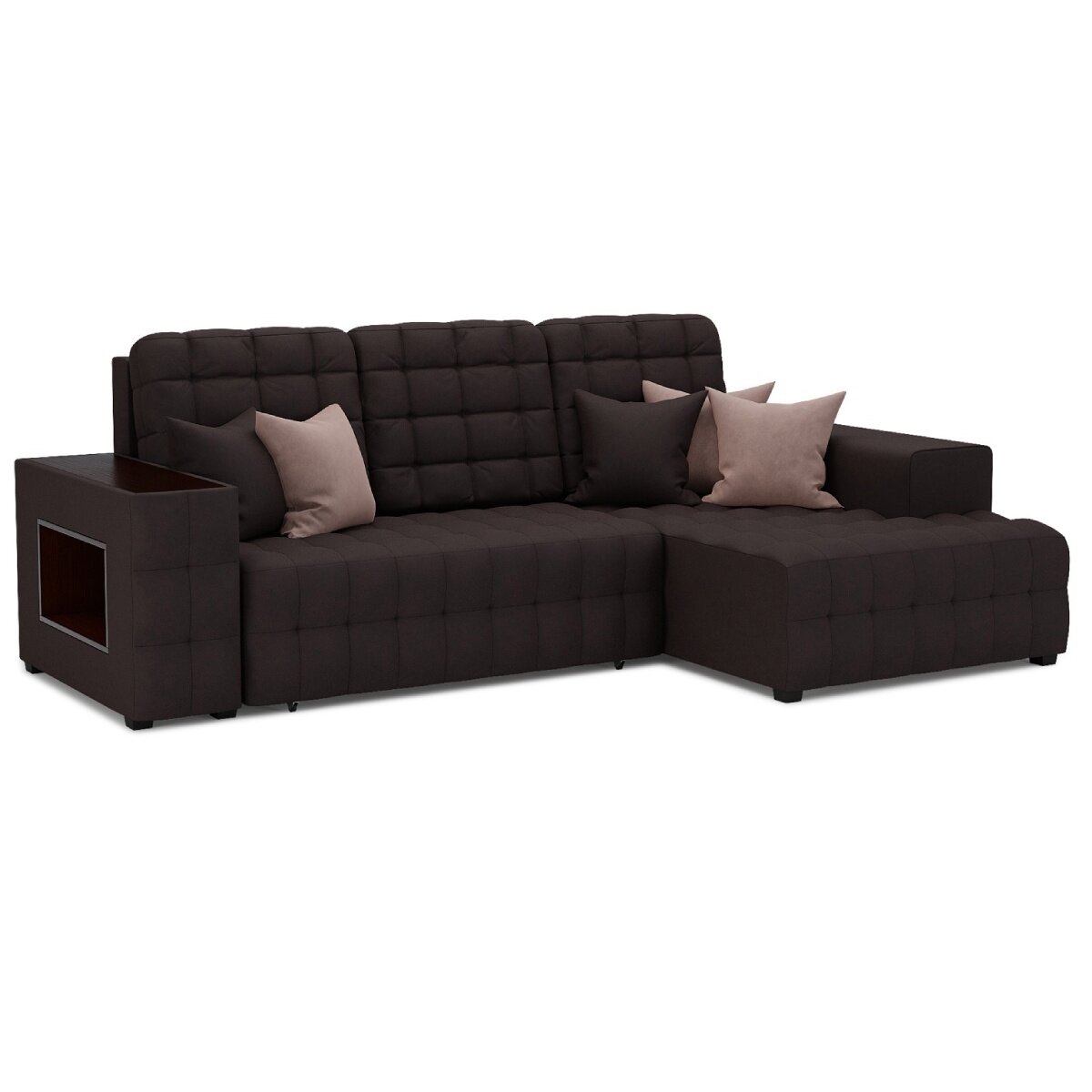 Угловой диван Сток Диванов Вегас Brown шоколадный, механизм еврокнижка, с полочками в подлокотнике