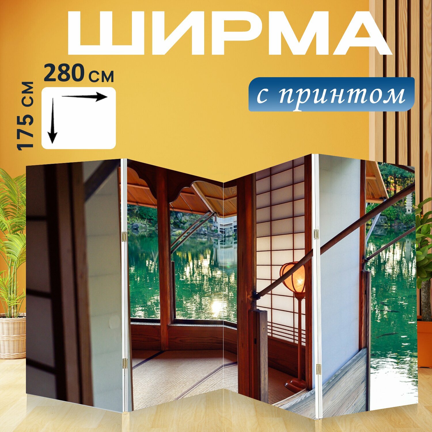 Ширма "Япония, комната в японском стиле, дом" перегородка для зонирования комнаты с принтом 280x175 см. на холсте