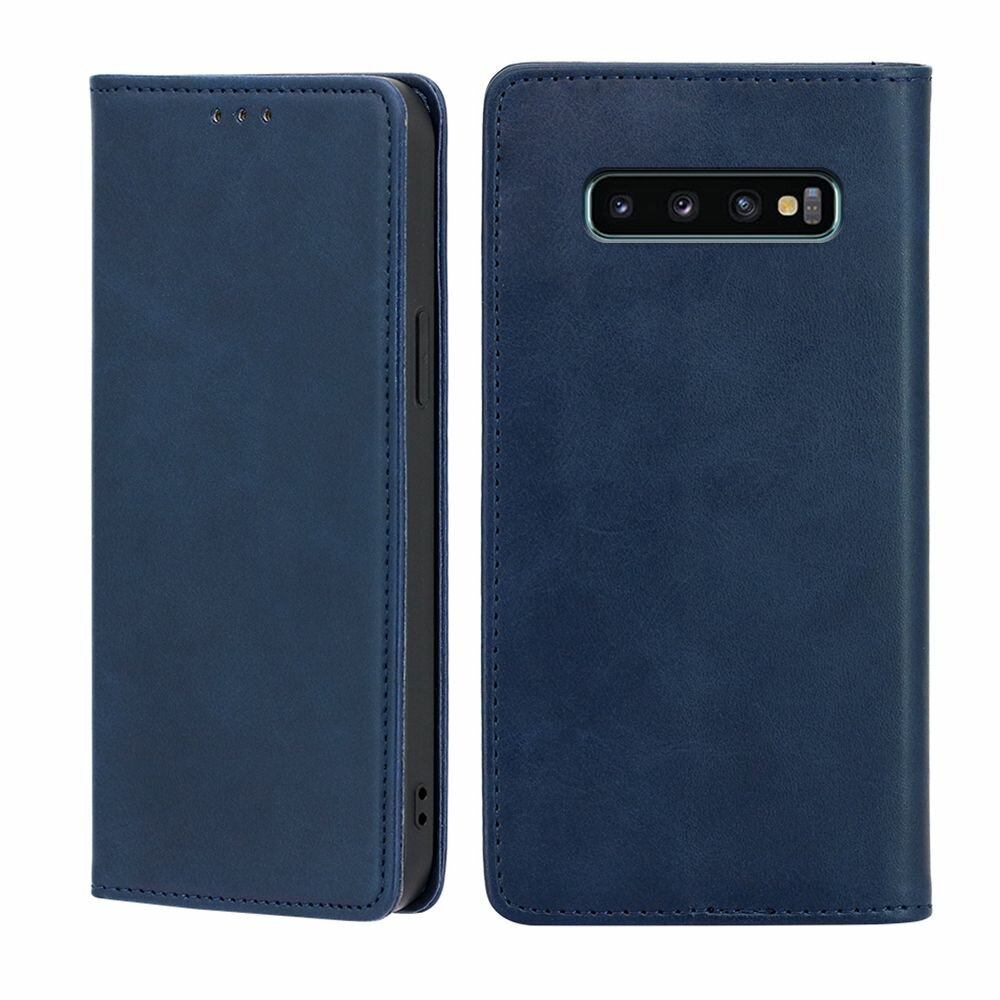 Чехол-книжка MyPads для Samsung Galaxy S10+ SM-G975F / Самсунг S10 Plus, Телячья кожа, закрывающаяся на магнит, синий