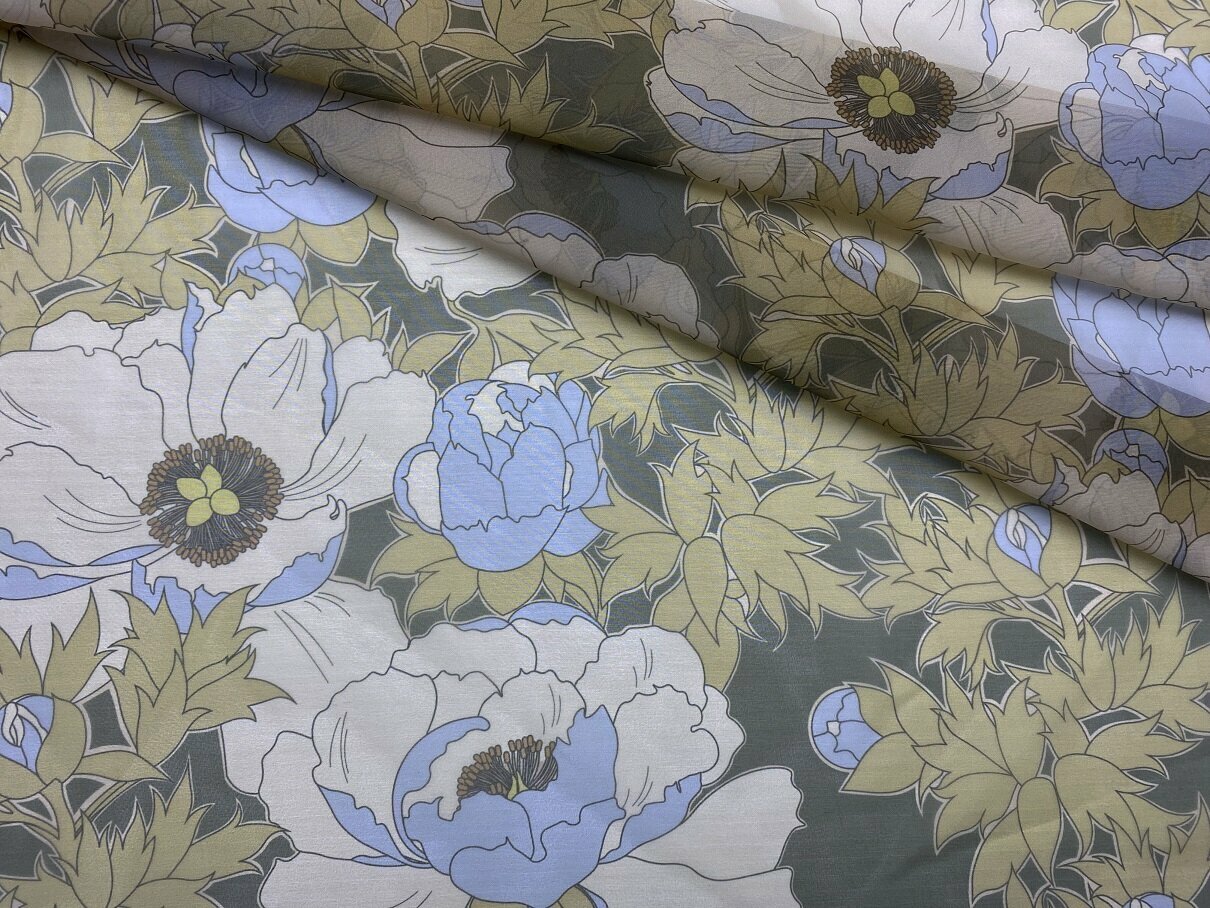 Ткань Шифон цвета хаки с принтом бежево-серые цветы 24105