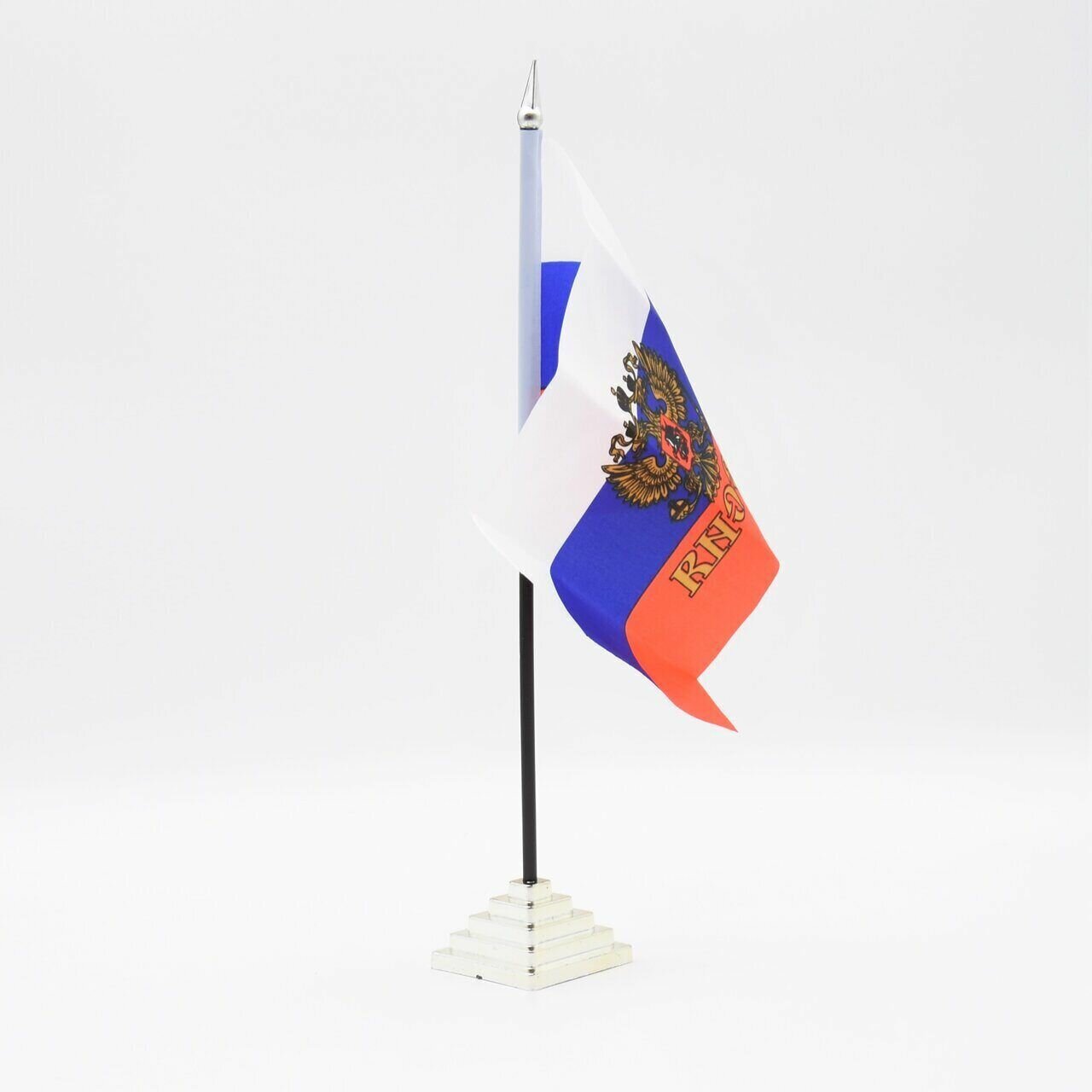 Флаг "Россия" с гербом, настольный, серебрянная подставка