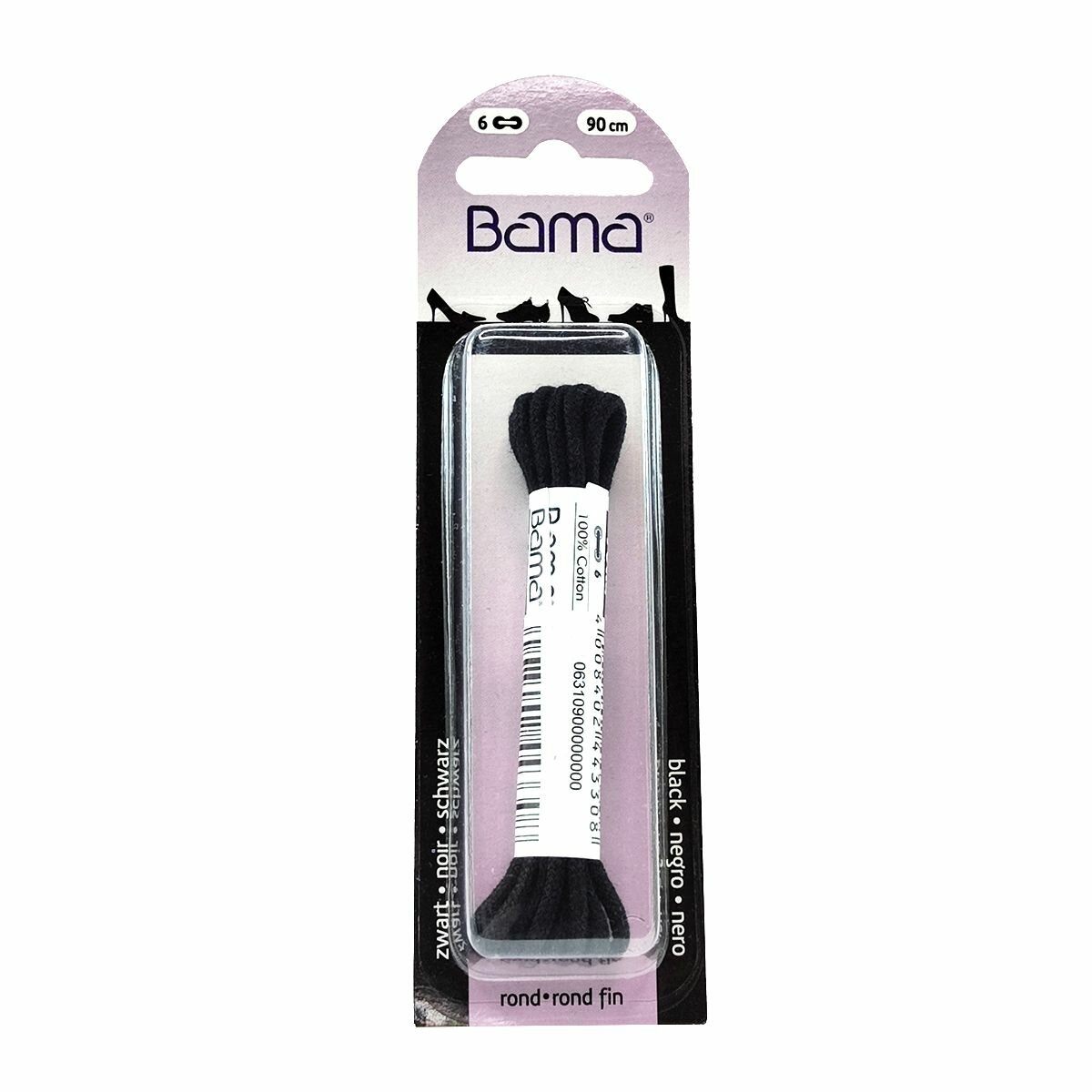 Шнурки черные хлопковые круглые для обуви, Bama Германия, длина 90 см, 3 мм, круглые, 1 пара, хлопок 100%