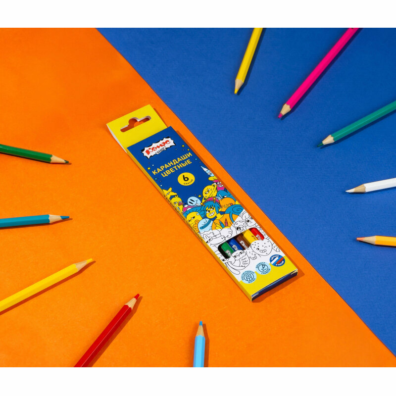 Карандаши цветные 6 цв/наб, 3-гранные Комус Класс Максики классические, 1943205