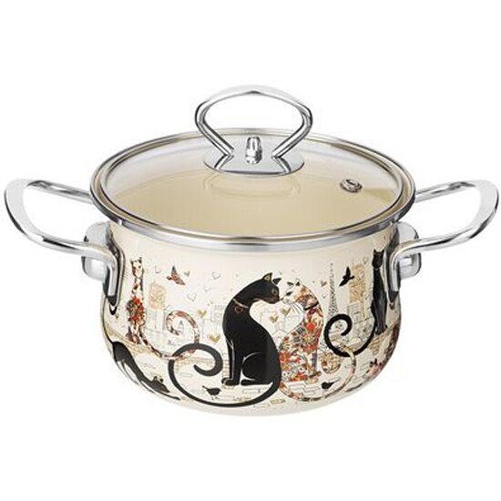 Кастрюля Agness со стеклянной крышкой "парижские коты", 1.5 л, 16х10 см.