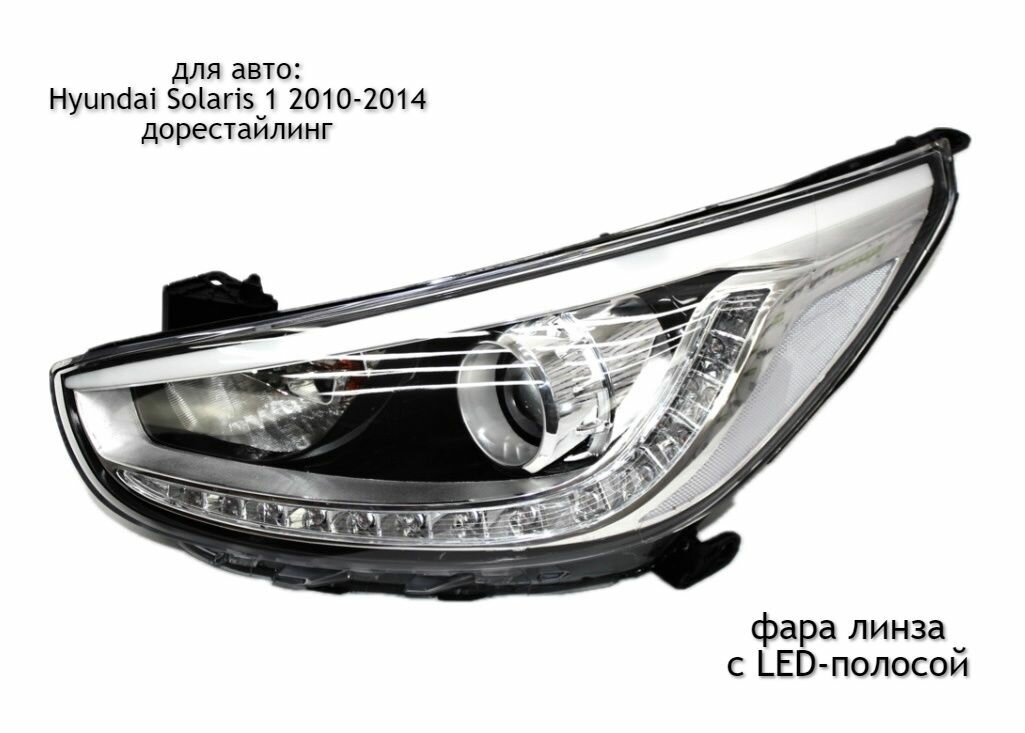 Фара линза левая с LED-полосой для Hyundai Solaris 1 2010-2014 (дорестайлинг)