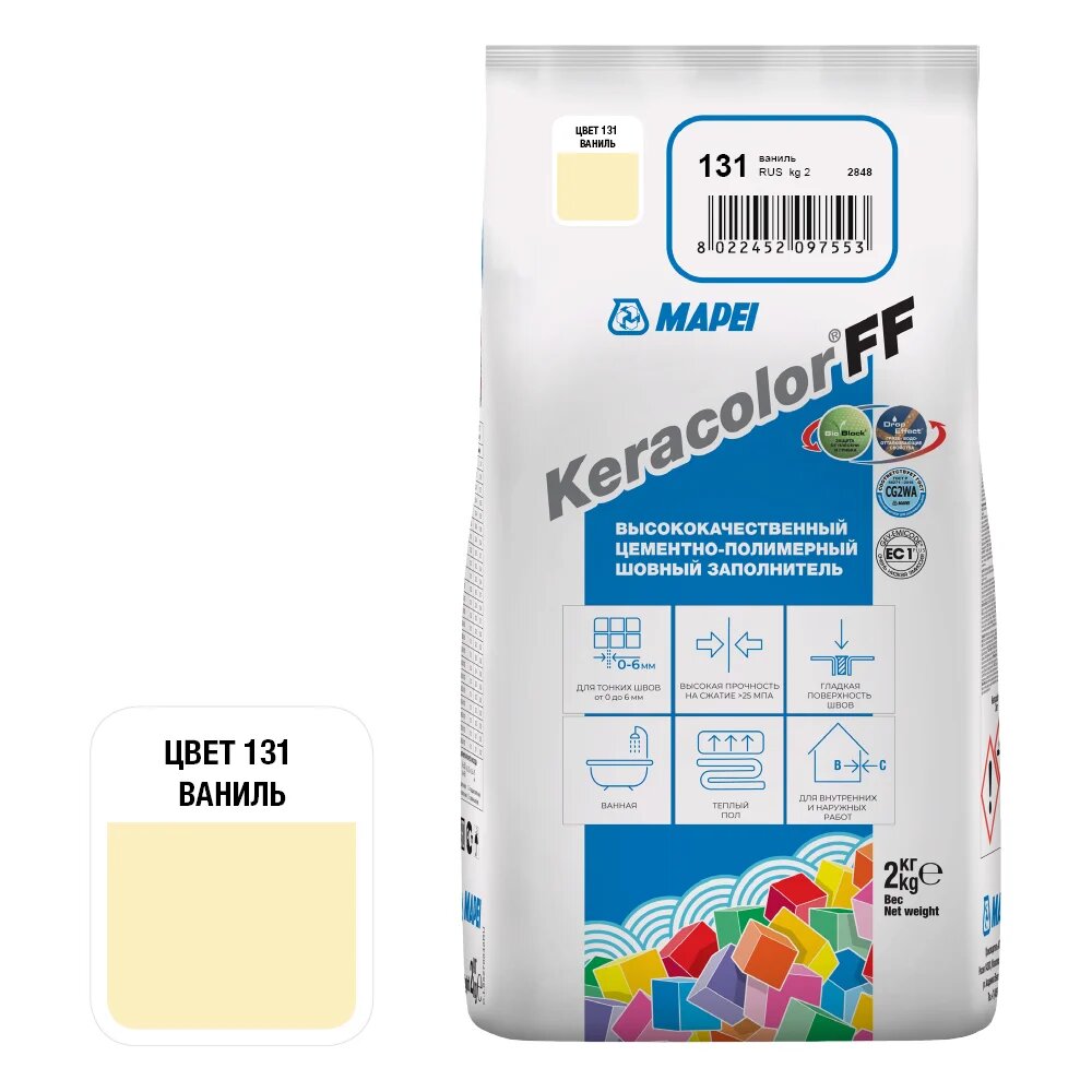 Затирка Mapei KERACOLOR FF 5QA013102A, для наружных и внутренних работ, ваниль, 2кг