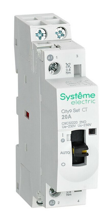 Контактор Systeme Electric City9 Set 2P 2НО 20A AC 230В-230В, ручное управление