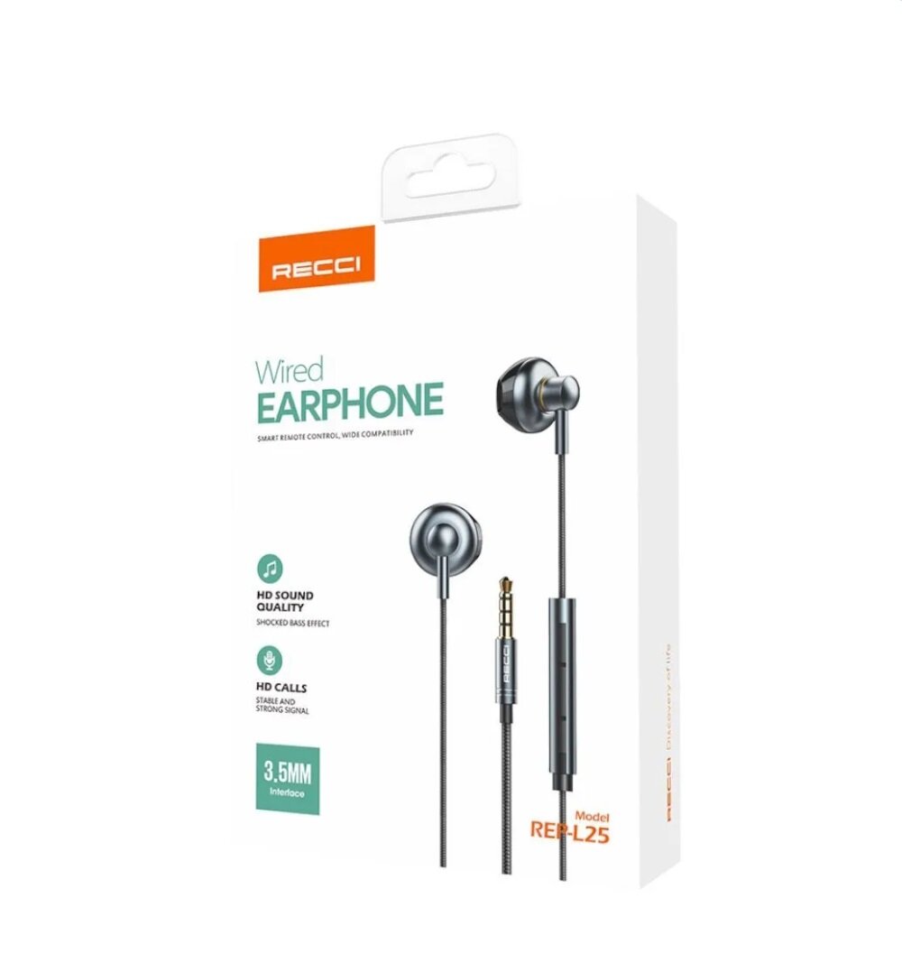 Проводные наушники Recci REP-L25 Metal Wired Earphone mini Jack 3.5 mm с микрофоном, 120 см, Нейлоновая оплетка, Тусклый
