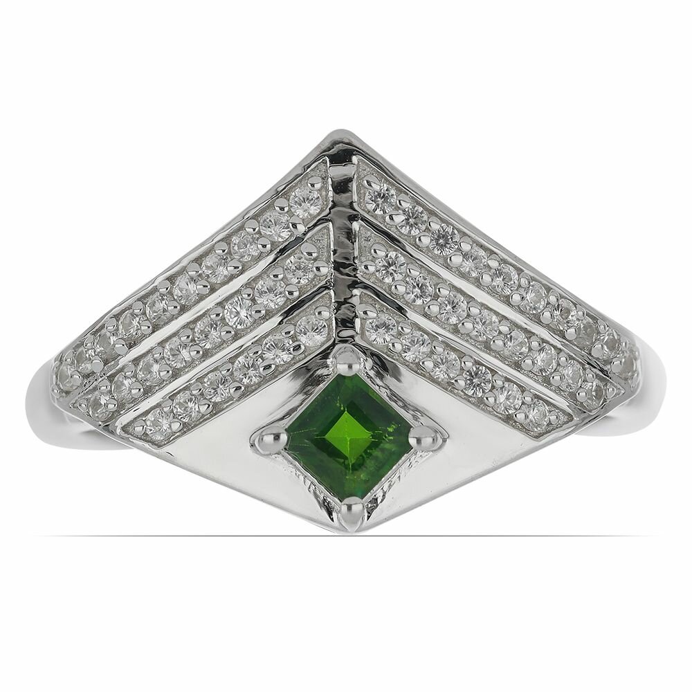 Кольцо, серебро, 925 проба, родирование, циркон, хромдиопсид