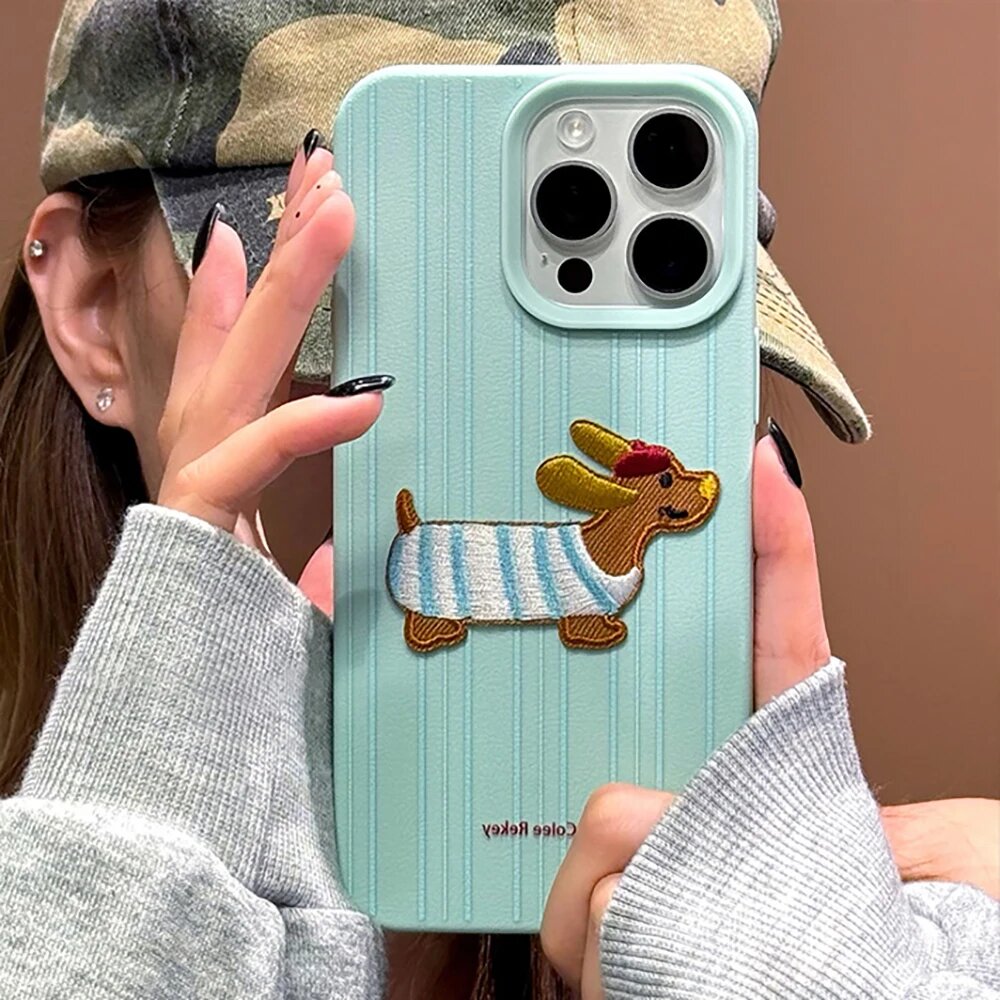 Чехол для телефона в Корейском стиле с 3D мультяшной вышивкой и собакой в полоску, чехол для iPhone 15 14 13 11 12 Pro Max Plus с милым щенком, мягкий силиконовый чехол