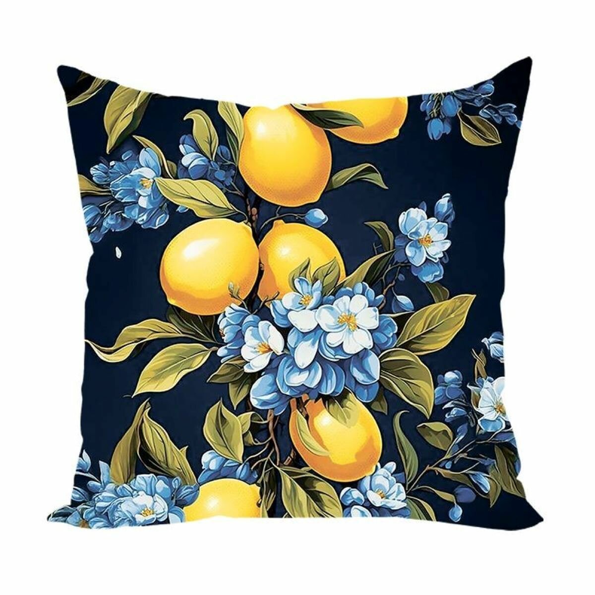 Подушка декоративная Лимоны и голубые цветы 40х40 велюр