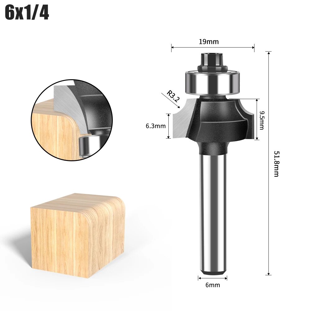 Угловая фреза с хвостовиком 1/4 и 6 мм с подшипником, фреза для работы по дереву, дереву, 6X1I4in
