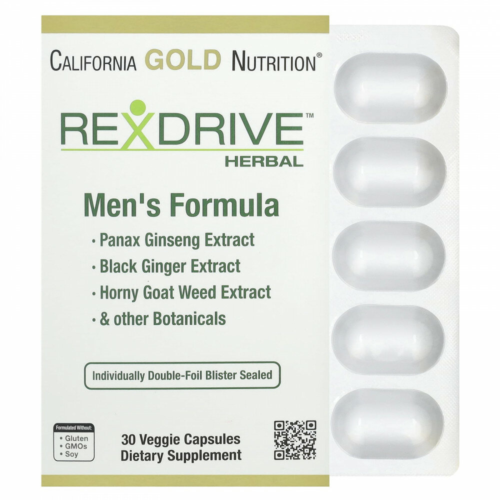 California Gold Nutrition, Rexdrive™, растительная добавка для мужчин, с экстрактами женьшеня обыкновенного, чёрного имбиря, горянки и растительными смесями, 30 растительных капсул