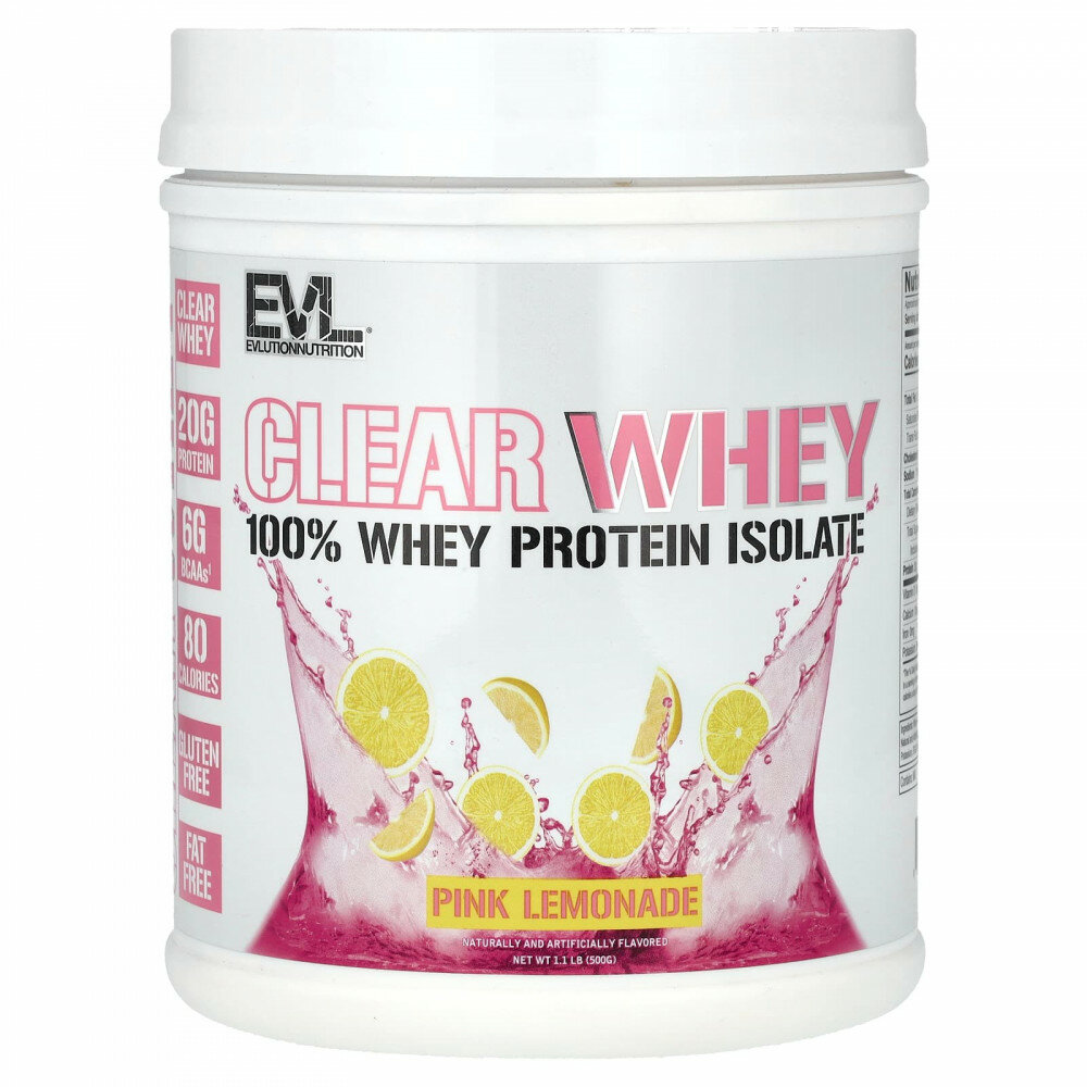 EVLution Nutrition, Clear Whey, 100% изолят сывороточного протеина, со вкусом розового лимонада, 500 г (1,1 фунта)