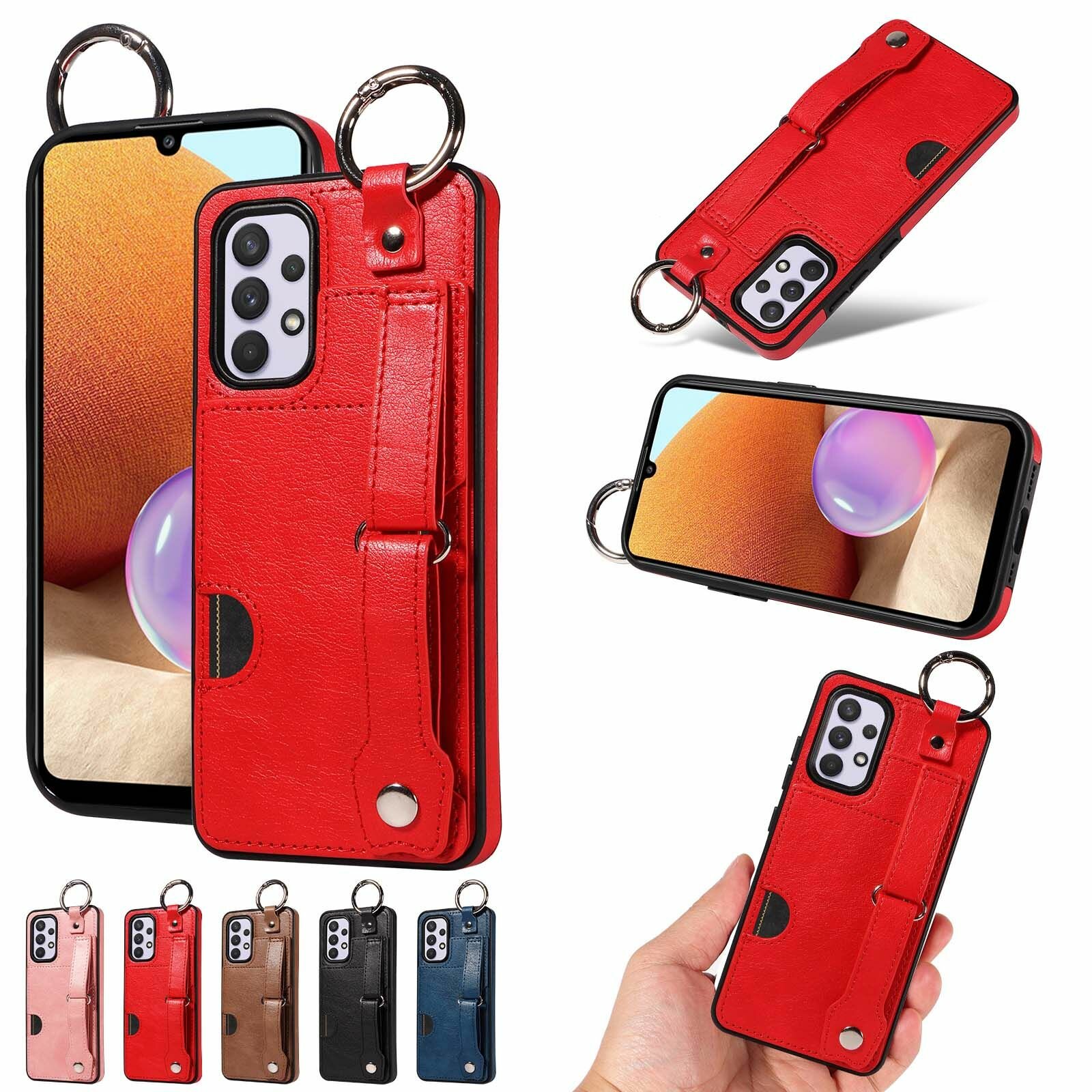 YIKATU Кожаный чехол для Samsung Galaxy A32 4G (A325)/ Самсунг Галакси А32 (А325) с регулируемым ремешком на запястье/кольцевой пряжкой/ Держатель карты