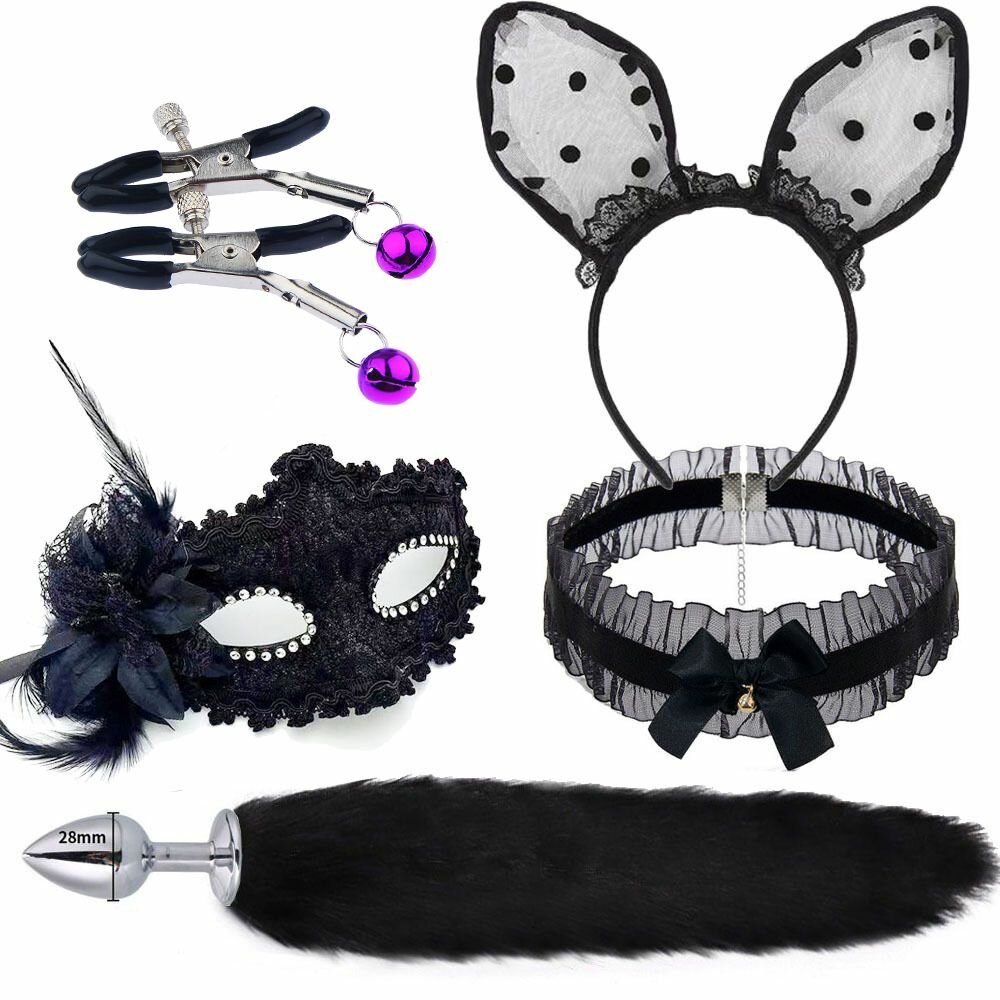 Анальная пробка, карнавальная маска, ободок с ушками зайчика, чокер на шею, зажимы для сосков. Костюм для ролевых игр. Товары для взрослых, бдсм набор +18-01