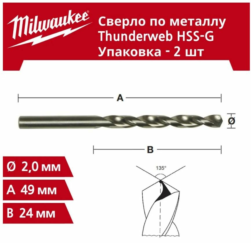 Сверло по металлу Milwaukee Thunderweb HSS-G 2*24*49мм 2шт 4932352347