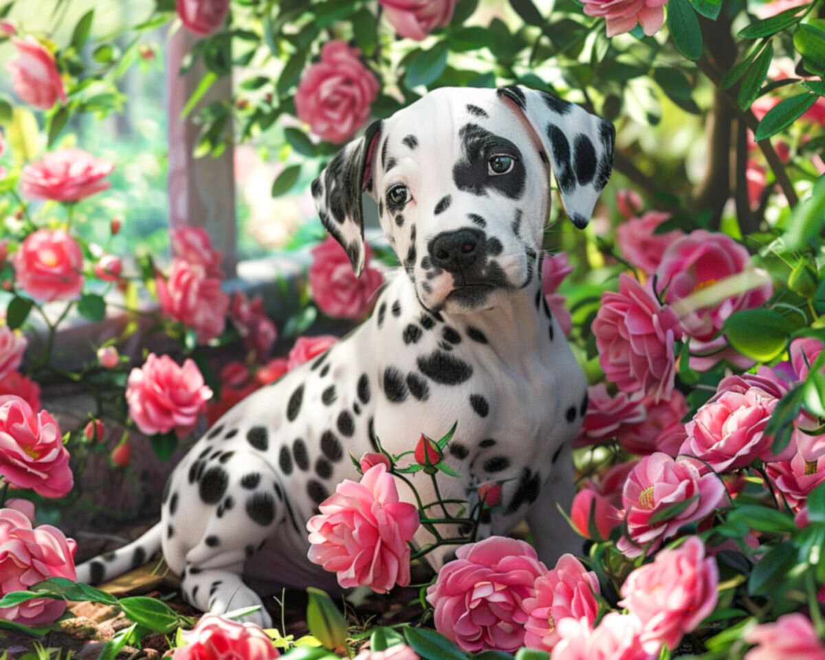 Картина по номерам далматинец и розы 40х50