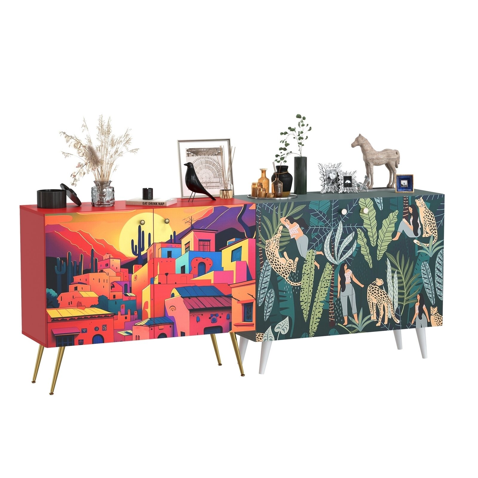 Комоды с рисунками на фасадах Либера и Кармин, цвет пасифай/красный/белый, 230,6х42,6х93,2 см, универсальная сборка