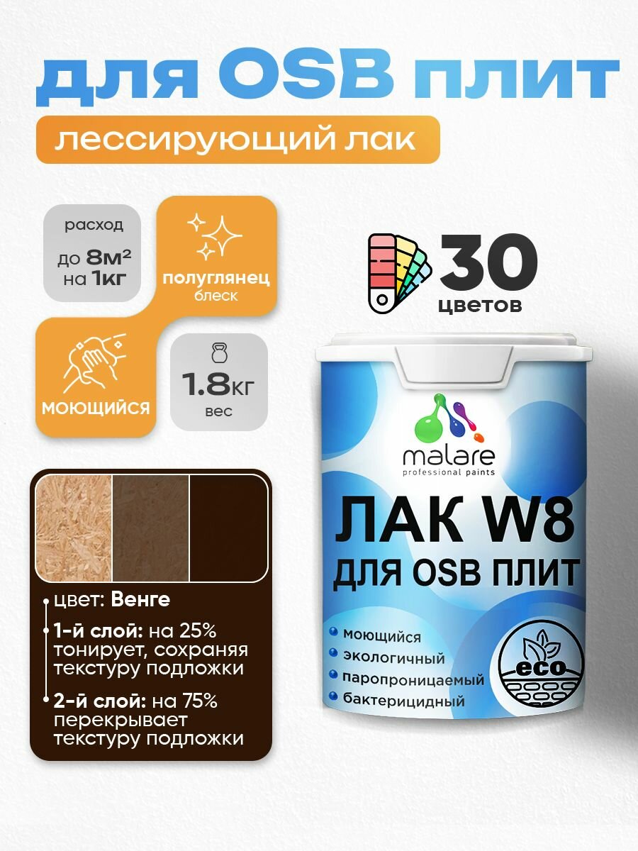Лак колерованный тонирующий для защиты ОСБ плит Malare W8 для дерева и минеральных поверхностей, паропроницаемый водный без запаха, полуглянцевый, венге, 1.8 кг.