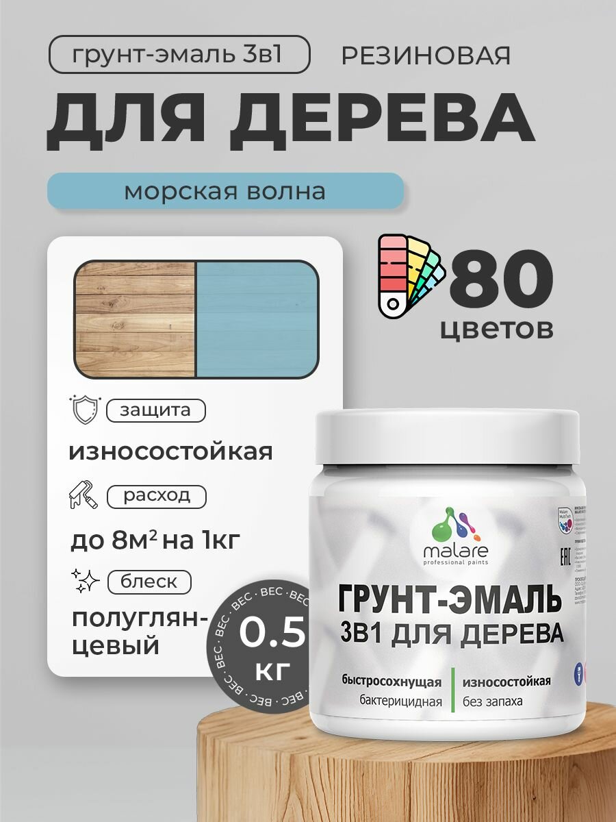 Резиновая Грунт-Эмаль 3 в 1 Malare для деревянных поверхностей/ краска по дереву с антисептическим эффектом/ быстросохнущая моющаяся без запаха полуглянцевая, морская волна, 0.5 кг