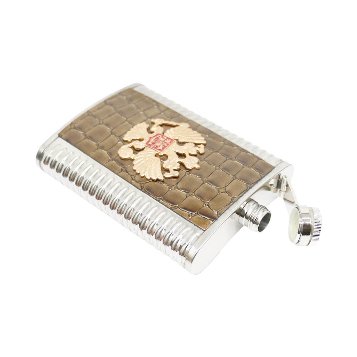 Фляжка стальная Герб России, значки, экокожа, коричневая, 236 мл. (28360)