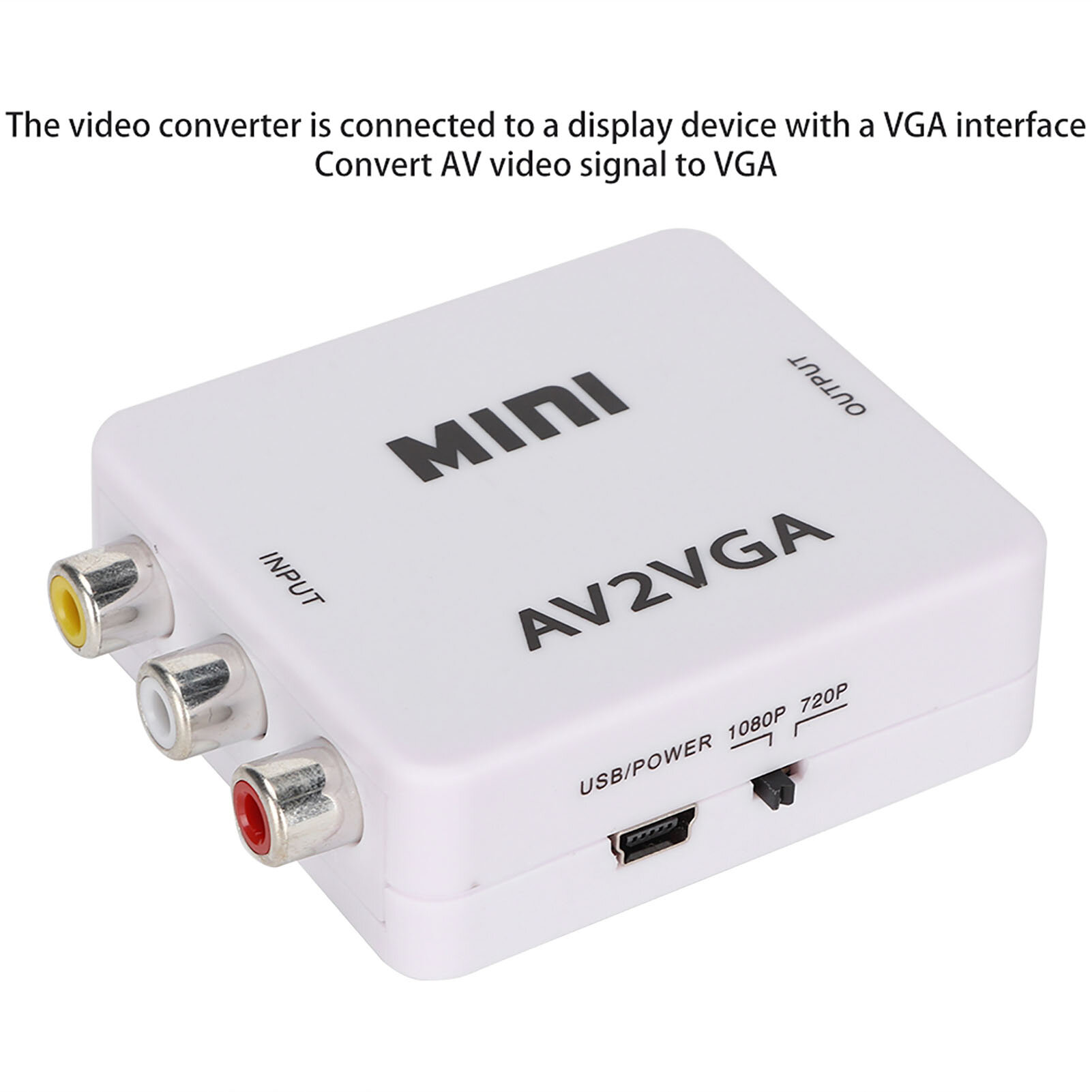 Адаптер Mini Composite AV to VGA Конвертер Аудио Видео для ТВ приставки 480P (Белый) с поддержкой разрешений 640*480, 800*600, 1024*768, 1280*1024, 1440*900, 1680*1050, Материал ABS, Размер 7*5.5*2 см