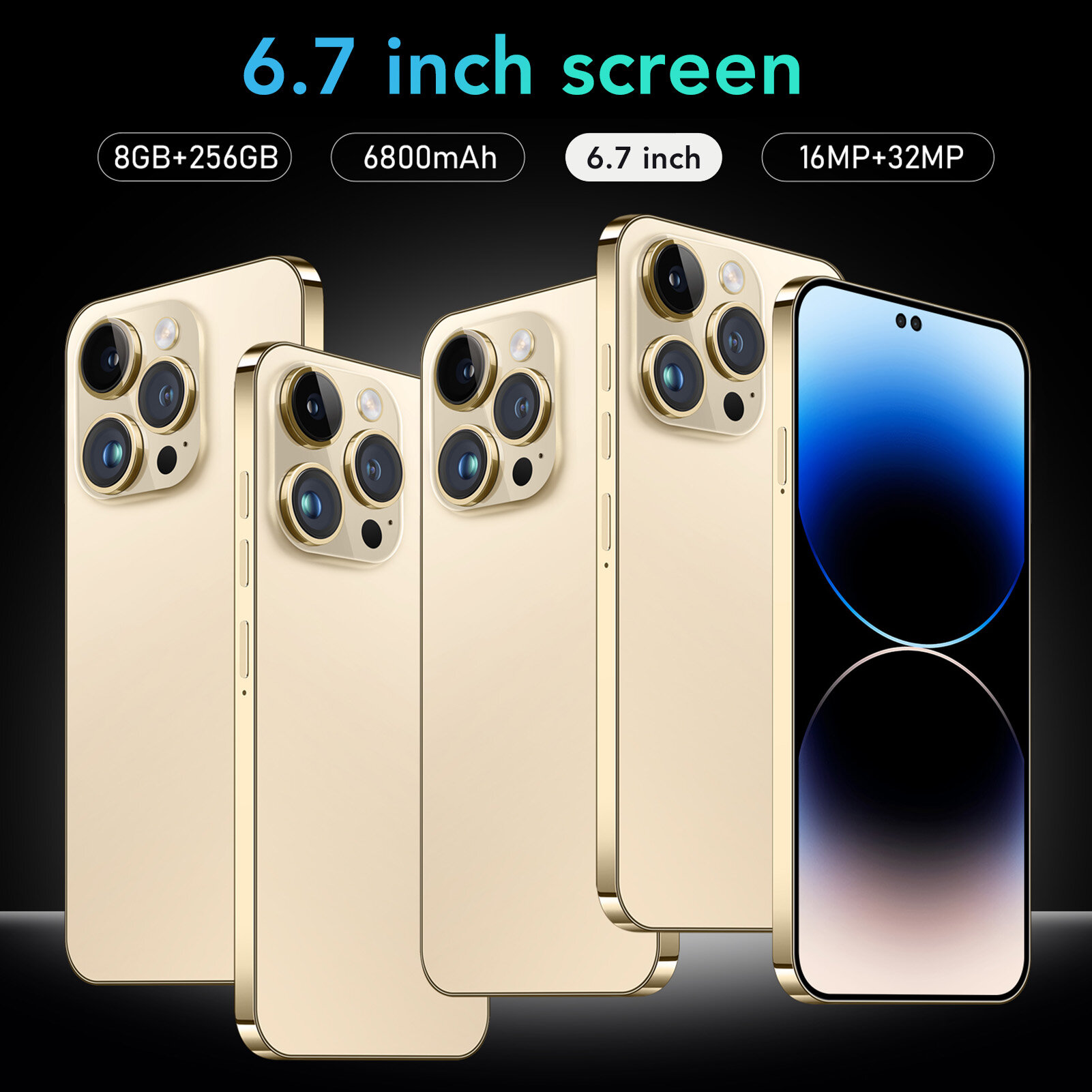 I14 Pro Max 6,7-дюймовый сотовый телефон 5G двухдиапазонный Wi-Fi 8BG 256 ГБ 4G разблокированный сотовый телефон с передней камерой 16 МП задняя камера 32 МП 100‑240 В Золотая вилка Великобритании