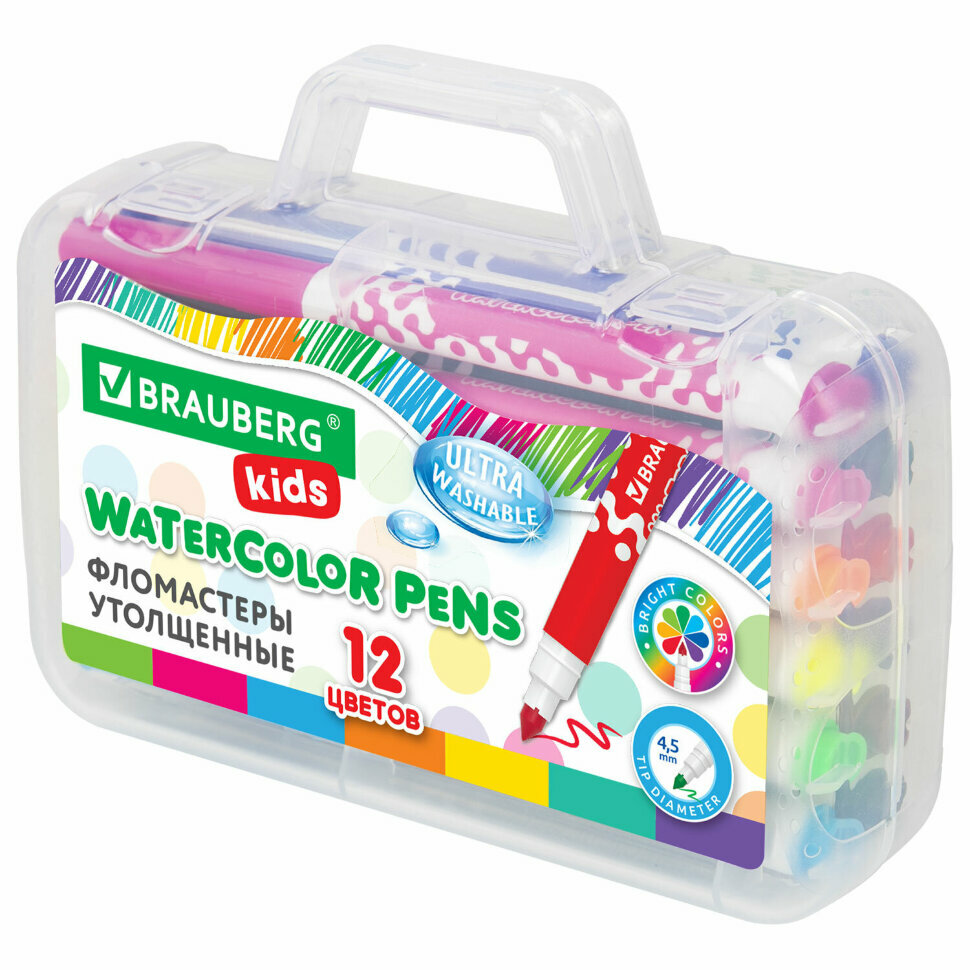 Фломастеры в портфельчике утолщенные 12 цветов, вентилируемый колпачок, BRAUBERG KIDS, 152185, 152185