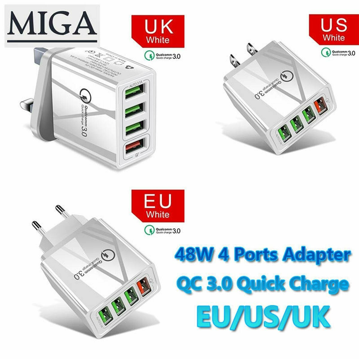 【MigaPlaza】 48 Вт 4-портовый адаптер QC 3.0 Quick Charge 3.0 USB зарядное устройство AU/EU/US/UK Plug настенное быстрое зарядное устройство для мобильного телефона домашнее настенное зарядное устройство дорожный адаптер