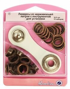 Люверсы с инструментом для установки 10,5 мм серии "F", бронза, 15 наборов Hemline, 438P.10. BR