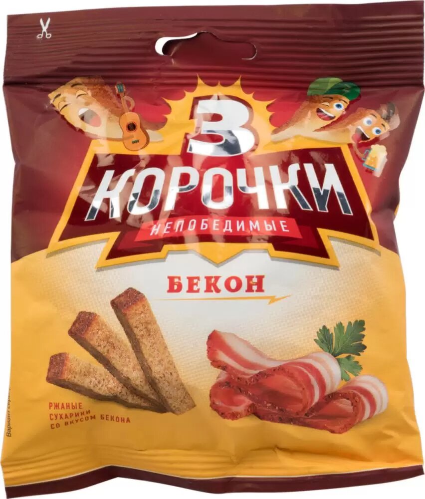 Сухарики 3 Корочки, со вкусом Бекон, ржаные, 60 штук по 40 г