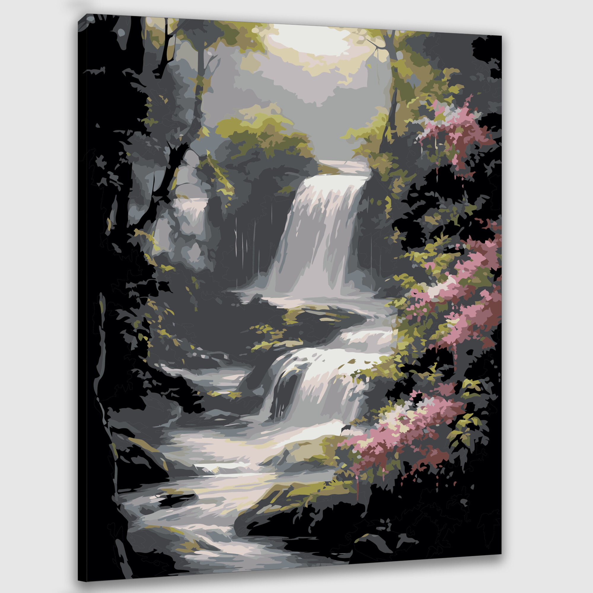 Картина по номерам 40x50 см, картина, масло, водопад, каскады, вода, солнце, зеленая листва, полевые цветы, гармония
