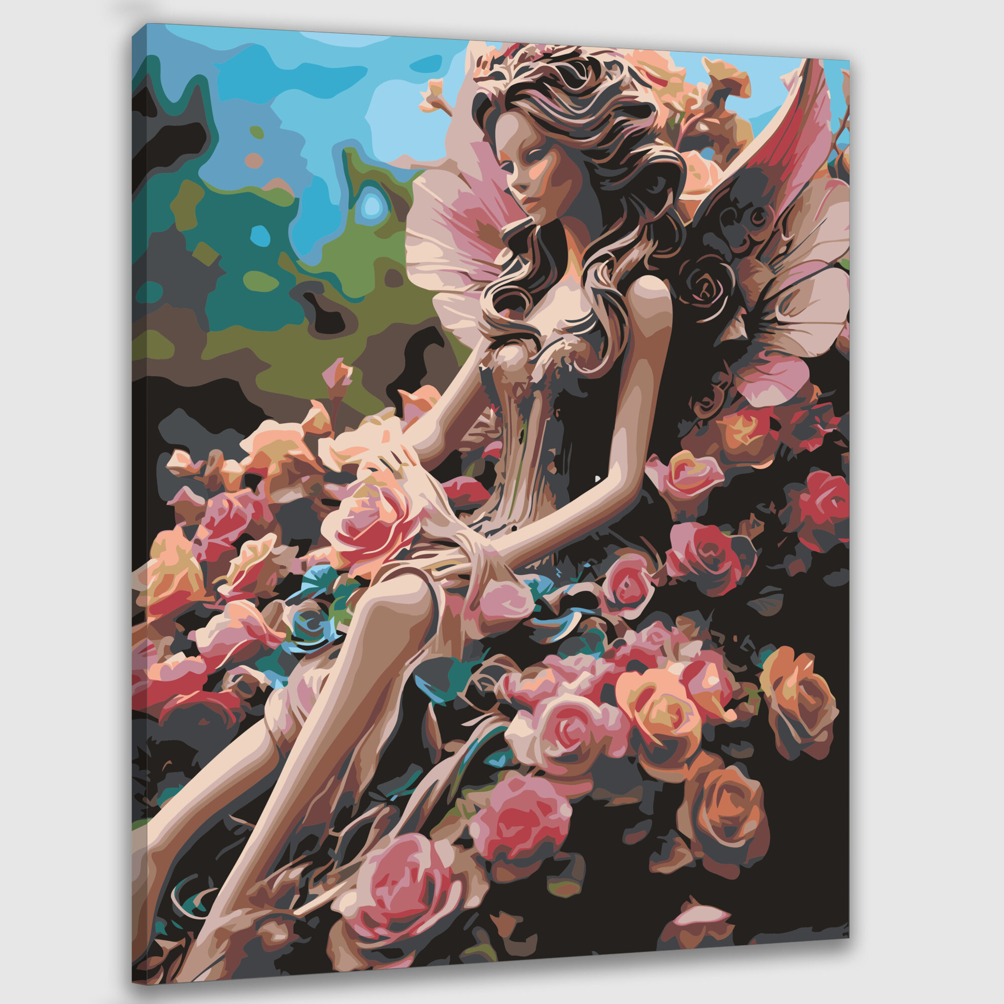 Картина по номерам 40x50 см, скульптура, цветочная фея, клумба, розы, детали крыльев, распущенные волосы, яркие цвета