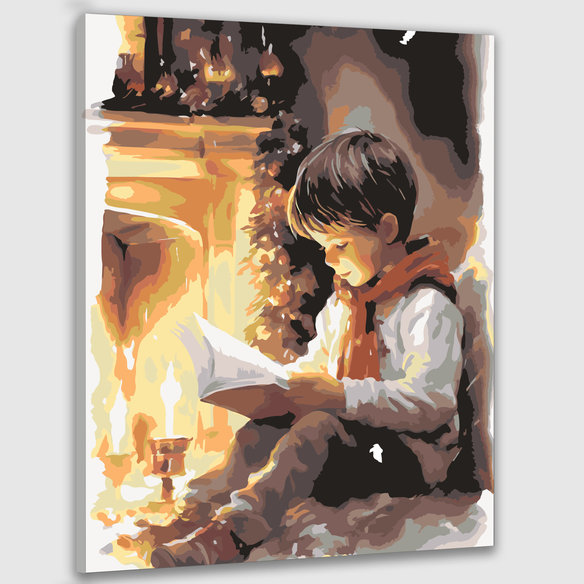 Картина по номерам 40x50 см, акварельная иллюстрация, ребенок, камин, Рождество, чтение, сборник рассказов, сказки