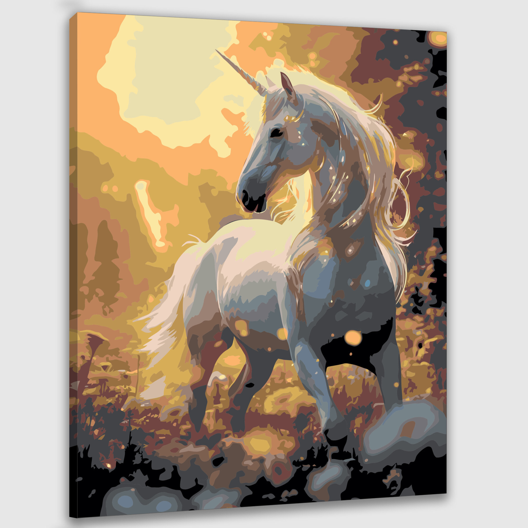 Картина по номерам 40x50 см, лошадь, единорог, рог, грива, хвост, луг, солнце, цветы, мифический, фантазия, волшебство