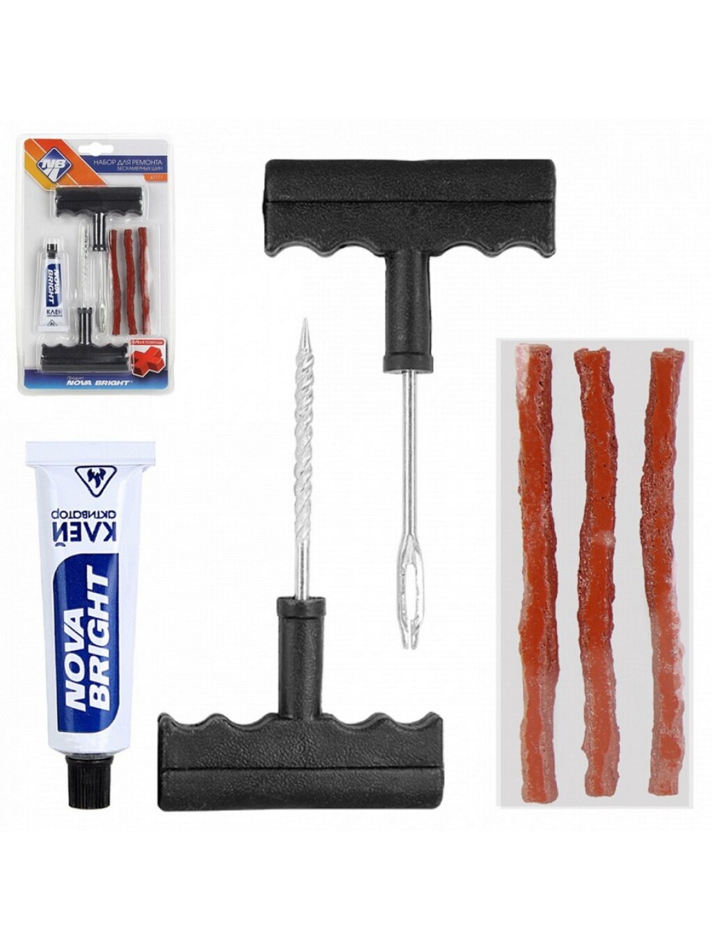 Набор для ремонта бескамерных ШИН NOVA BRIGHT (шило, спиральный рашпиль, ЖГ NOVA Bright 47777